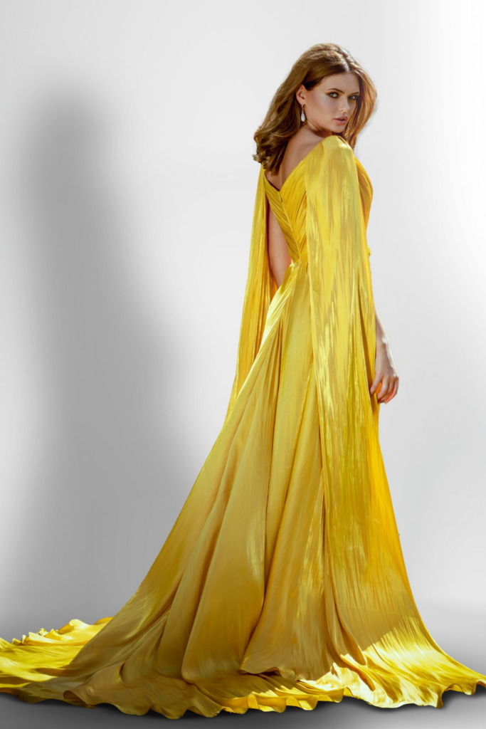 Cape Off-Shoulder Cascade Gown | Luxury Style Abu Dhabi
